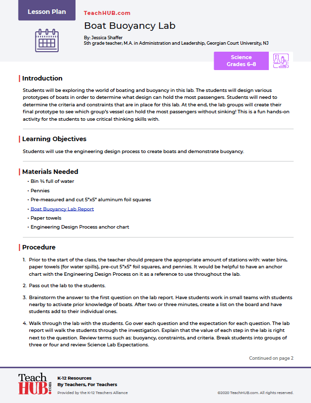 Boat Buoyancy Lab - TeachHUB