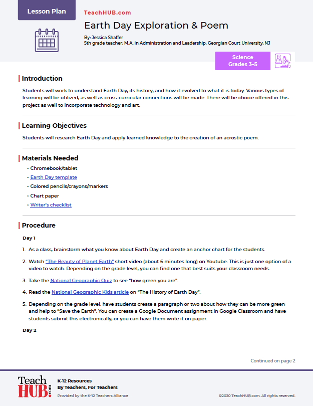 Earth Day Exploration & Poem - TeachHUB